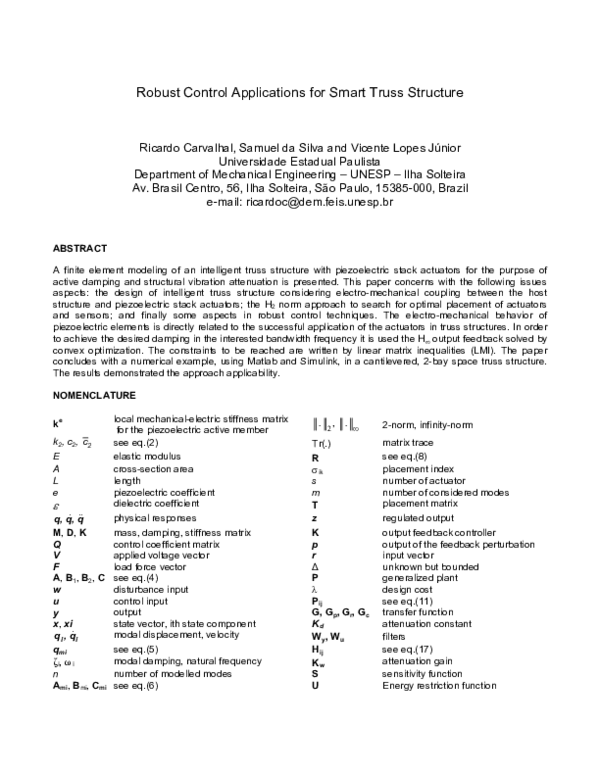 (PDF) Robust Control Application for Smart Truss Structure