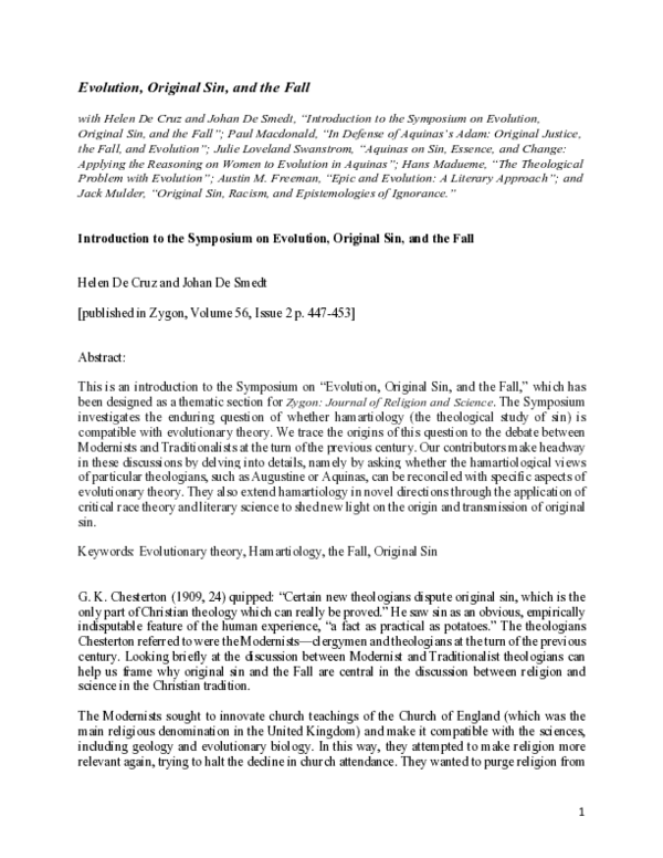 (PDF) Introduction to the Symposium on Evolution, Original Sin, and the ...