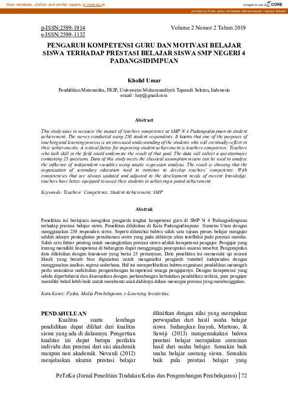 (PDF) Pengaruh Kompetensi Guru Dan Motivasi Belajar Siswa Terhadap Prestasi Belajar Siswa SMP ...