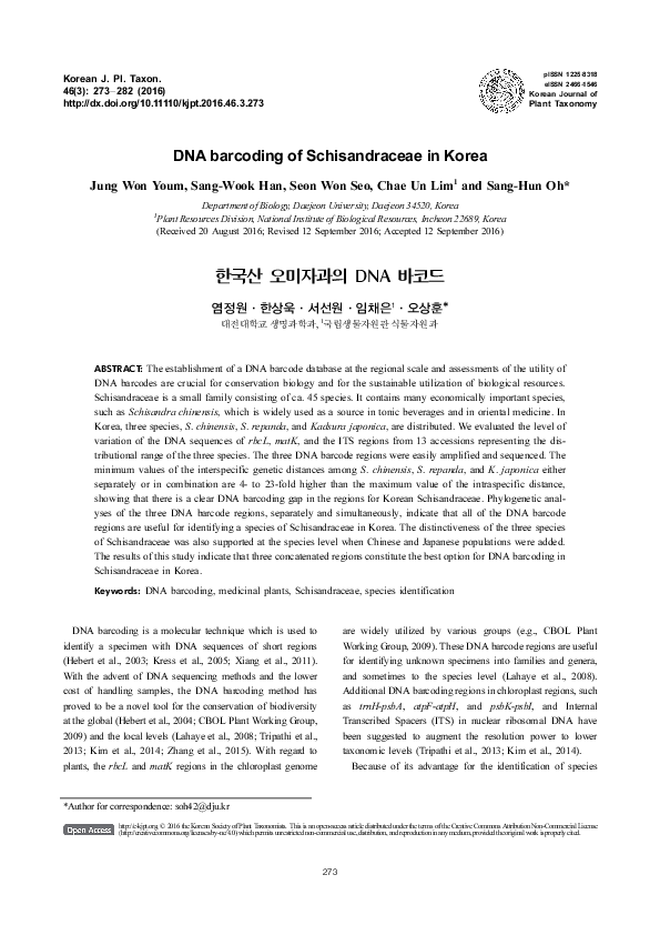 (PDF) DNA barcoding of Schisandraceae in Korea