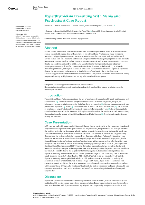 (PDF) Hyperthyroidism Presenting With Mania and Psychosis: A Case Report