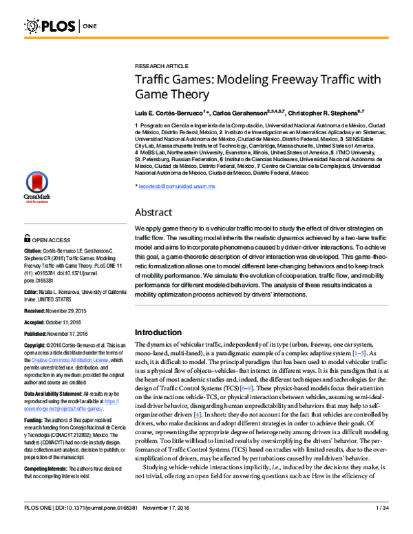 (PDF) Traffic Games: Modeling Freeway Traffic with Game Theory
