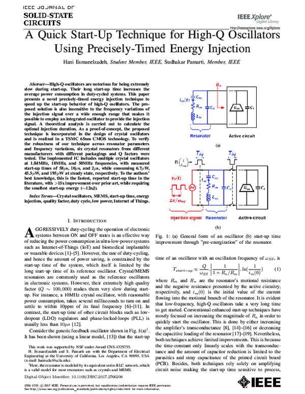 (PDF) A Quick Startup Technique for High- $Q$ Oscillators Using Precisely Timed Energy Injection