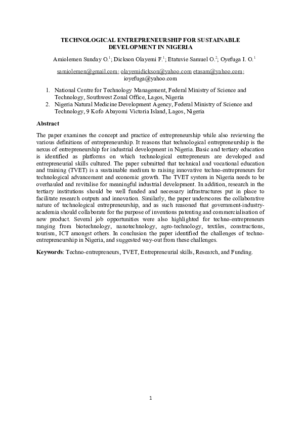 (DOC) TECHNOLOGICAL ENTREPRENEURSHIP FOR SUSTAINABLE DEVELOPMENT IN NIGERIA