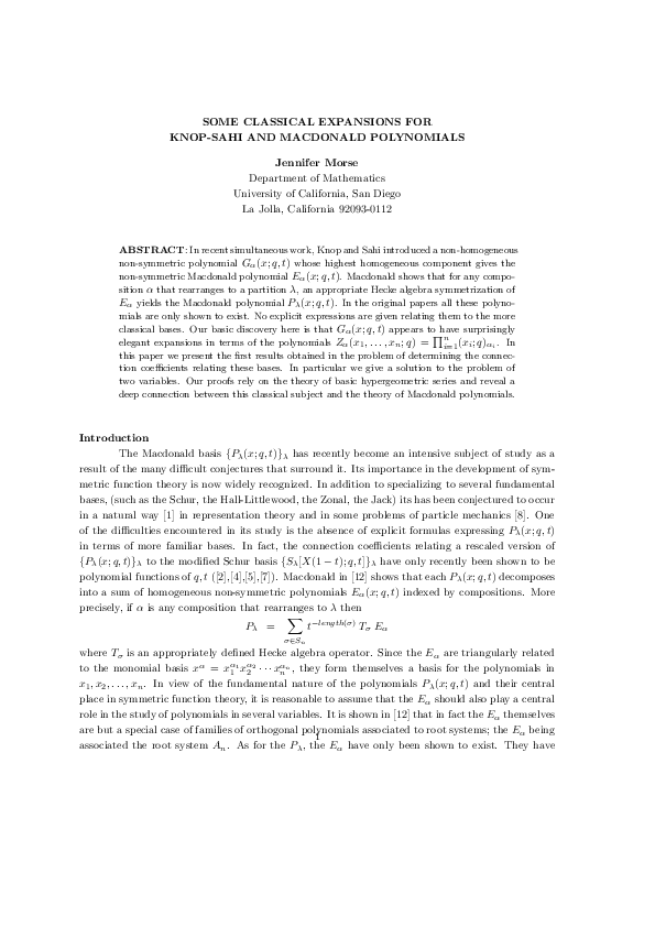 (PDF) Some Classical Expansions for Knop-Sahi and Macdonald Polynomials