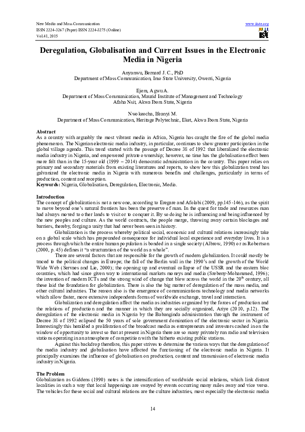 (PDF) Deregulation, Globalisation and Current Issues in the Electronic Media in Nigeria