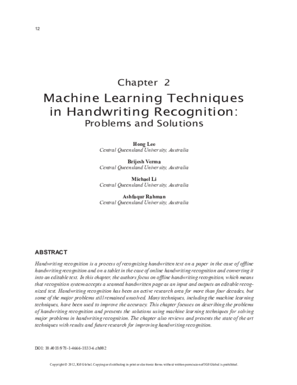 Pdf Machine Learning Techniques In Handwriting Recognition