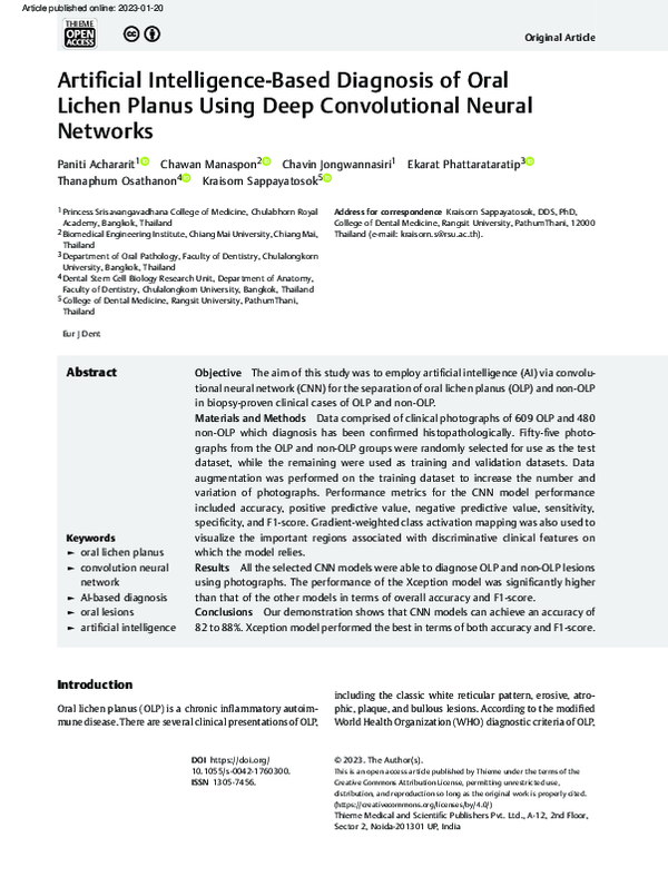 (PDF) Artificial Intelligence-Based Diagnosis of Oral Lichen Planus Using Deep Convolutional ...