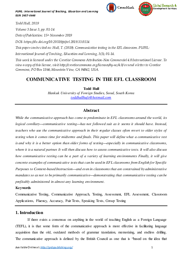 (PDF) Communicative Testing in the Efl Classroom