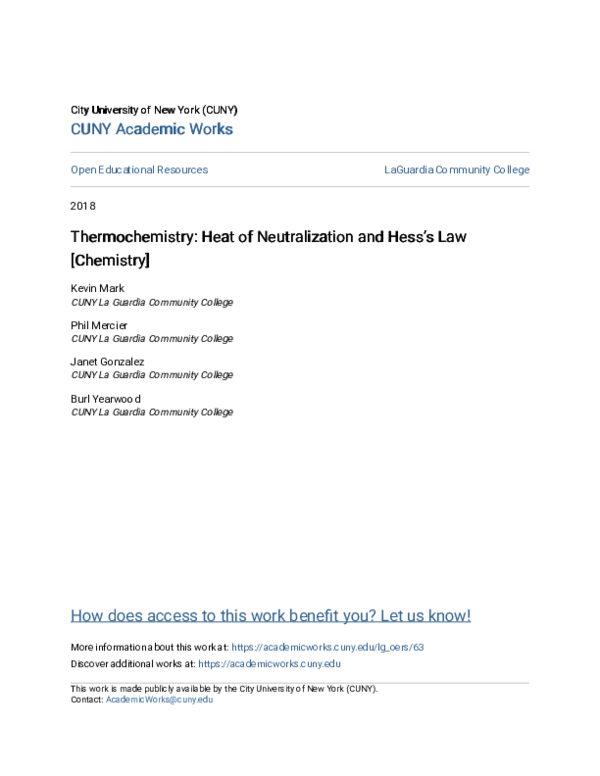 (PDF) Thermochemistry: Heat of Neutralization and Hess’s Law [Chemistry]