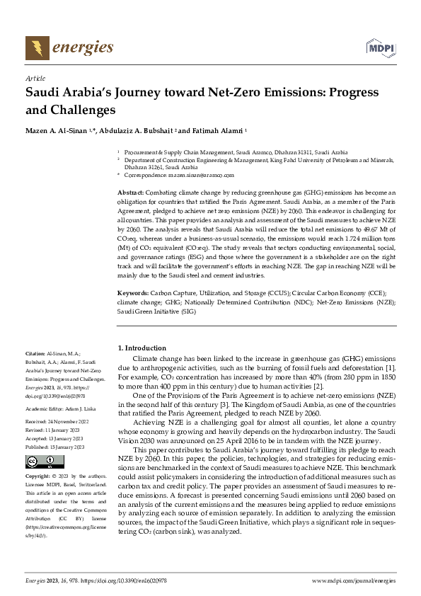 (PDF) Saudi Arabia’s Journey toward Net-Zero Emissions: Progress and Challenges