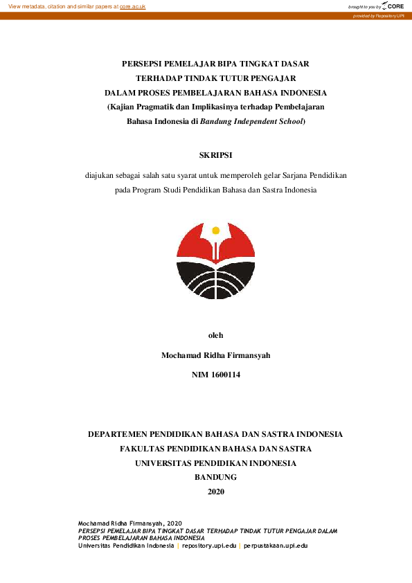 (PDF) PERSEPSI PEMELAJAR BIPA TINGKAT DASAR TERHADAP TINDAK TUTUR PENGAJAR DALAM PROSES ...