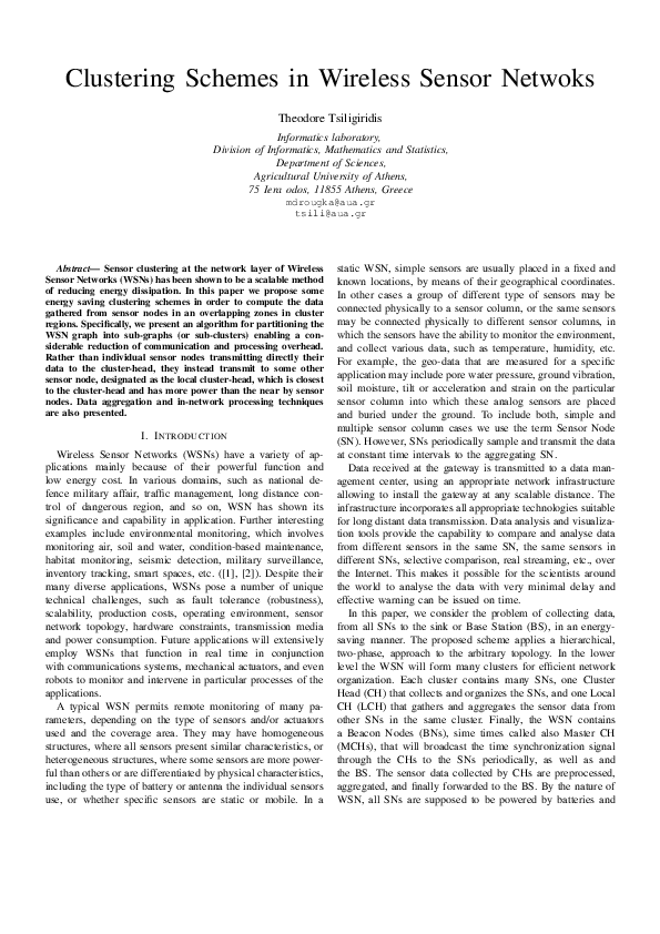 (PDF) Clustering Schemes in Wireless Sensor Netwoks