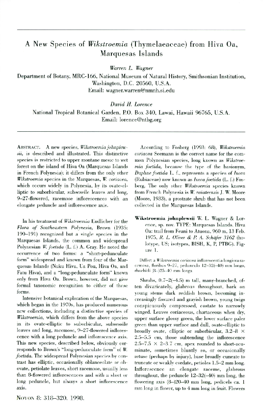 (PDF) A New Species of Wikstroemia (Thymelaeaceae) from Hiva Oa ...