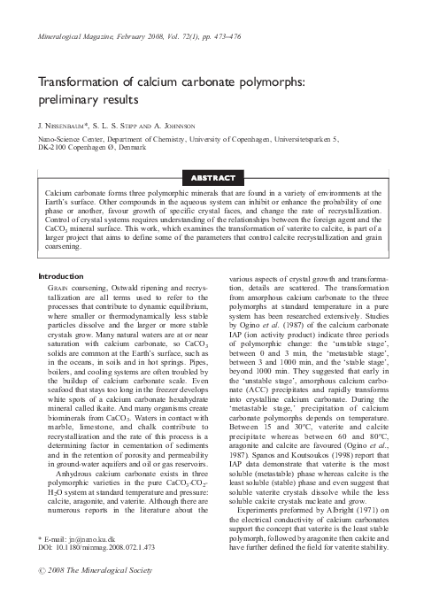 (PDF) Transformation of calcium carbonate polymorphs: preliminary results
