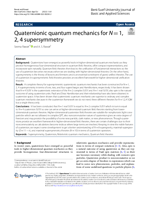 (PDF) Quaternionic quantum mechanics for N = 1, 2, 4 supersymmetry