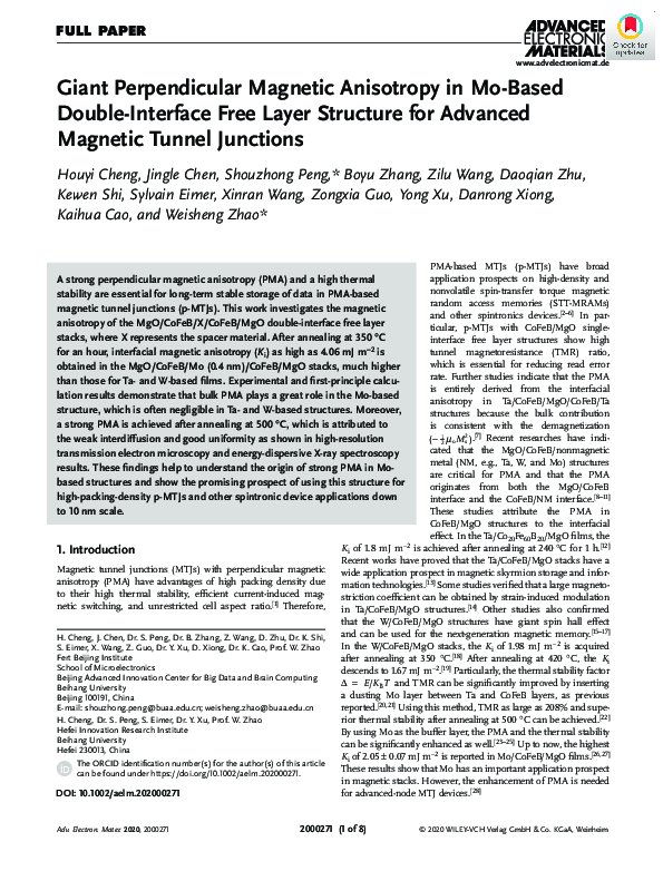 (PDF) Giant Perpendicular Magnetic Anisotropy in Mo‐Based Double‐Interface Free Layer Structure ...