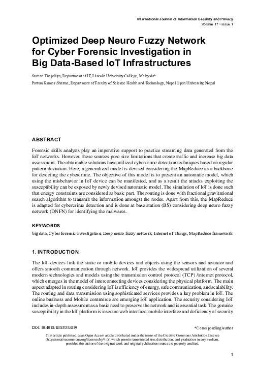 Pdf Optimized Deep Neuro Fuzzy Network For Cyber Forensic Investigation In Big Data Based Iot
