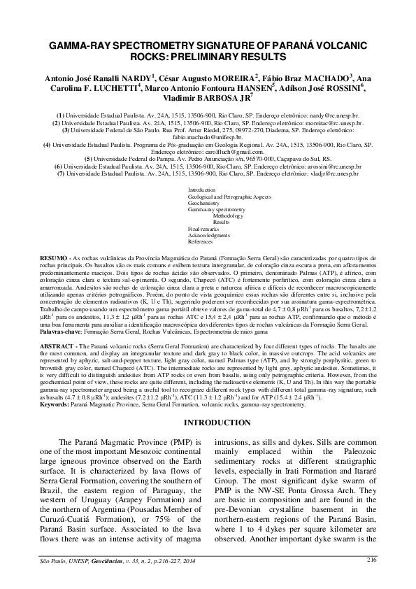 (PDF) Gamma-Ray Spectrometry Signature of Paraná Volcanic Rocks ...
