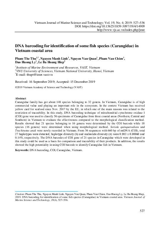(PDF) DNA barcoding for identification of some fish species (Carangidae ...
