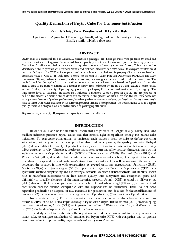 (PDF) Quality Evaluation of Baytat Cake for Customer Satisfaction