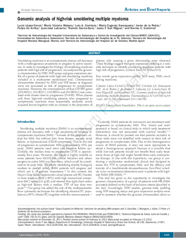 (PDF) Genomic analysis of high-risk smoldering multiple myeloma