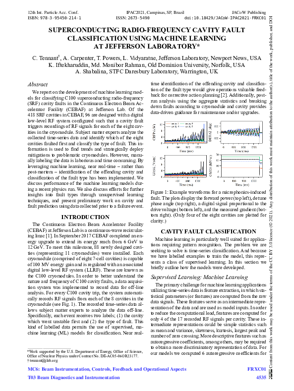 Pdf Superconducting Radio Frequency Cavity Fault Classification Using