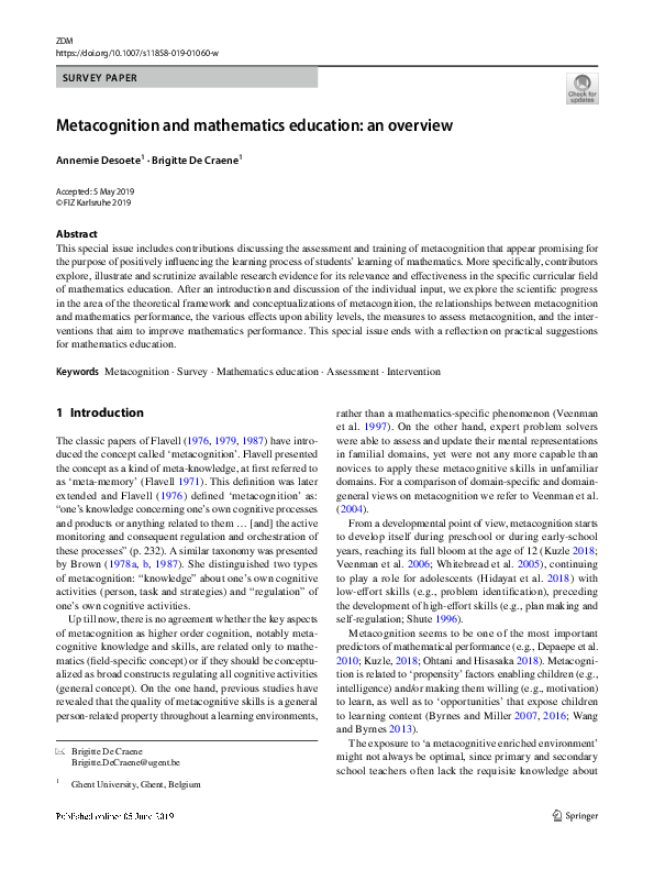 Pdf Metacognition And Mathematics Education An Overview