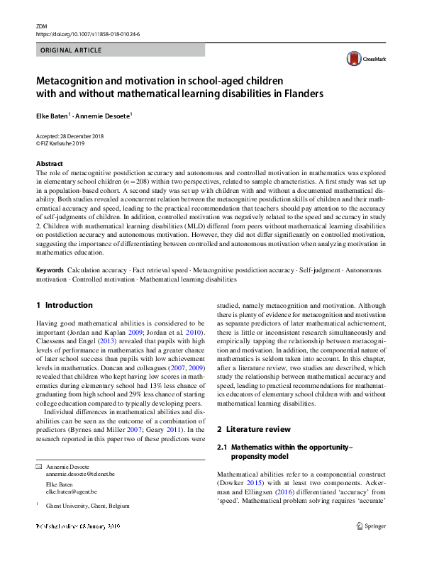 (PDF) Metacognition and motivation in school-aged children with and ...