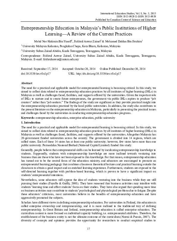 (PDF) Entrepreneurship Education in Malaysia’s Public Institutions of Higher Learning—A Review ...