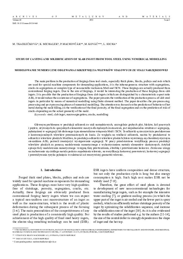 (PDF) Study of Casting and Solidification of Slab Ingot from Tool Steel Using Numerical ...
