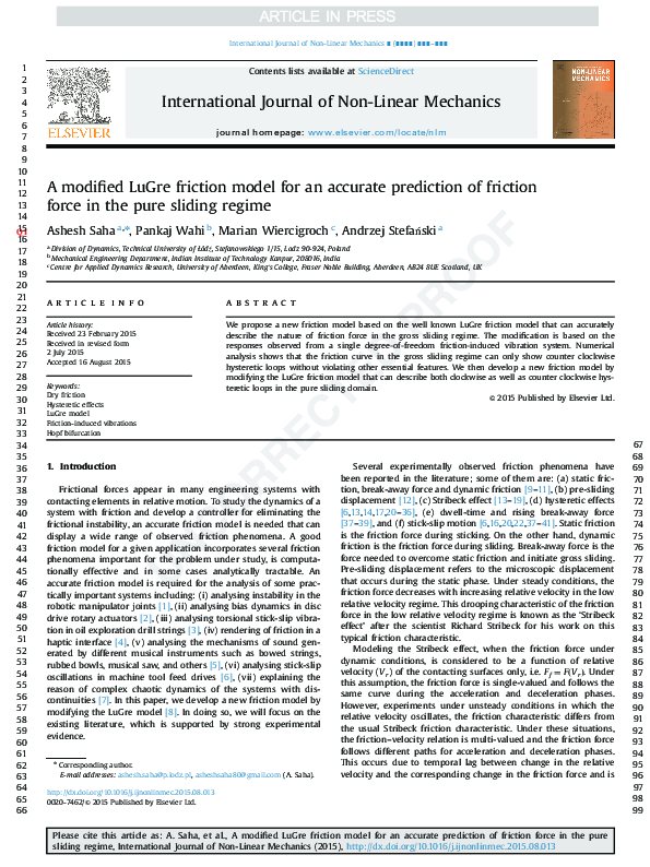 (PDF) A modified LuGre friction model for an accurate prediction of ...