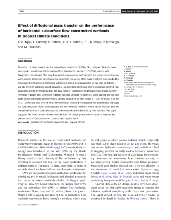 (PDF) Effect of diffusional mass transfer on the performance of horizontal subsurface flow ...