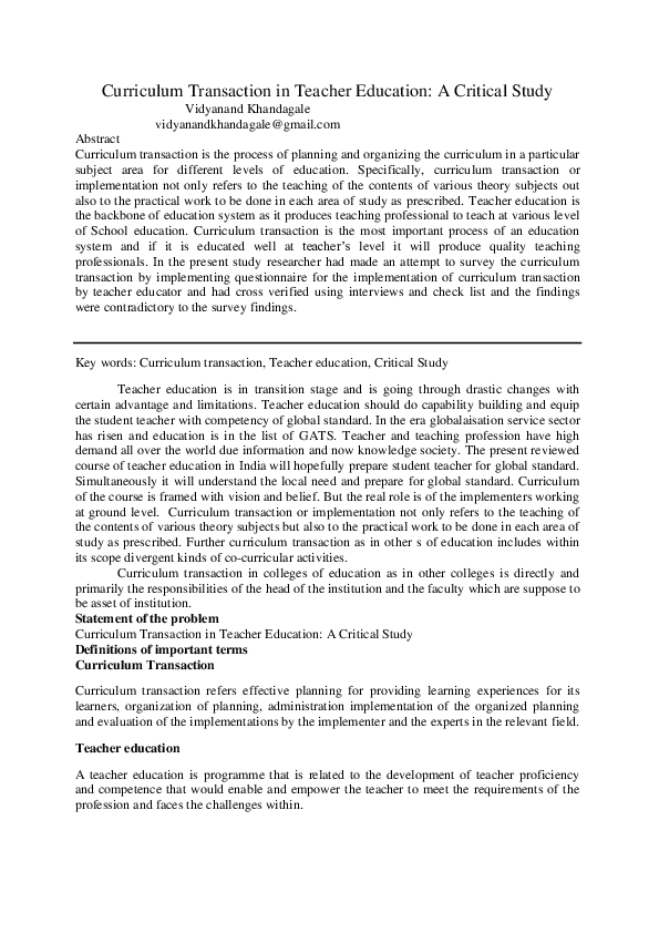 (PDF) Curriculum Transaction in Teacher Education A Critical Study