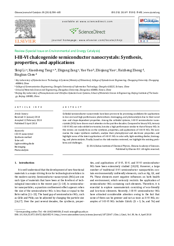 (PDF) I-III-VI chalcogenide semiconductor nanocrystals: Synthesis, properties, and applications