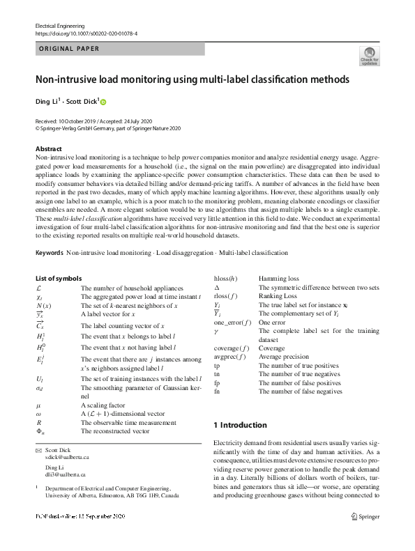(PDF) Non-intrusive load monitoring using multi-label classification methods | scott dick ...