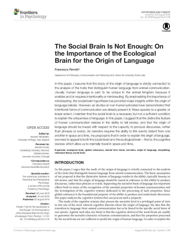 (PDF) The Social Brain Is Not Enough: On the Importance of the Ecological Brain for the Origin ...