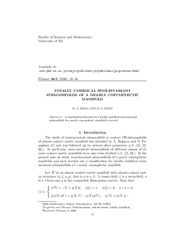 (PDF) Totally umbilical semi-invariant submanifolds of a nearly cosymplectic manifold