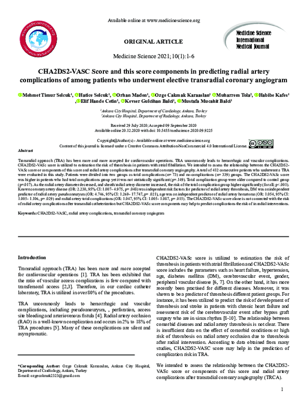 (PDF) CHA2DS2-VASC Score and this score components in predicting radial ...