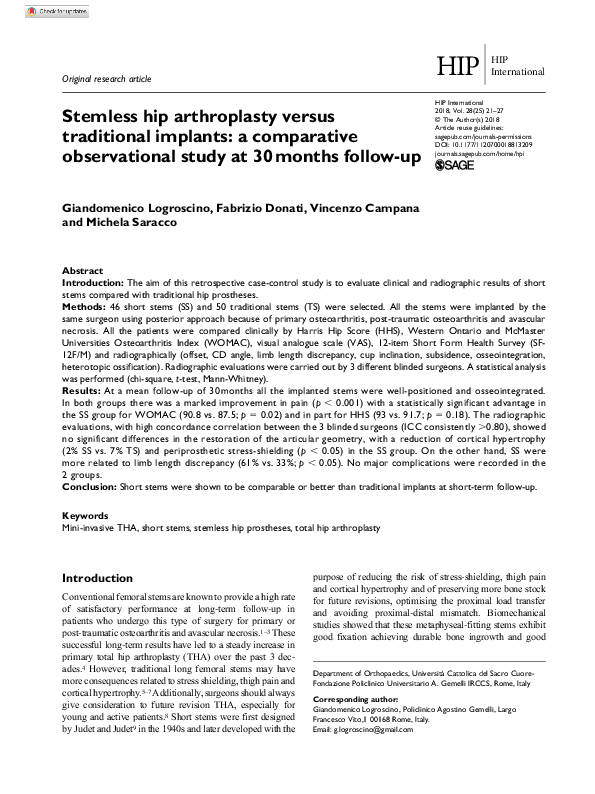 (PDF) Stemless hip arthroplasty versus traditional implants: a ...