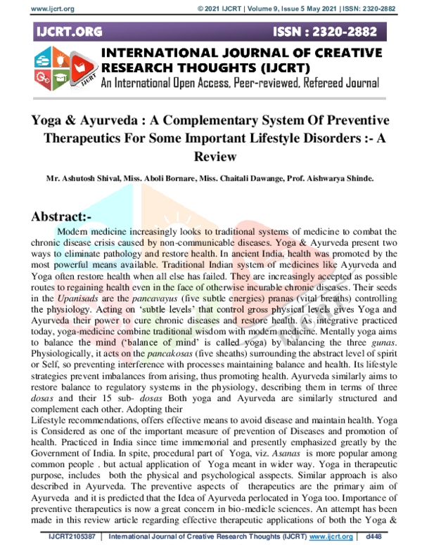 (PDF) Yoga & Ayurveda : A Complementary System Of Preventive Therapeutics For Some Important ...