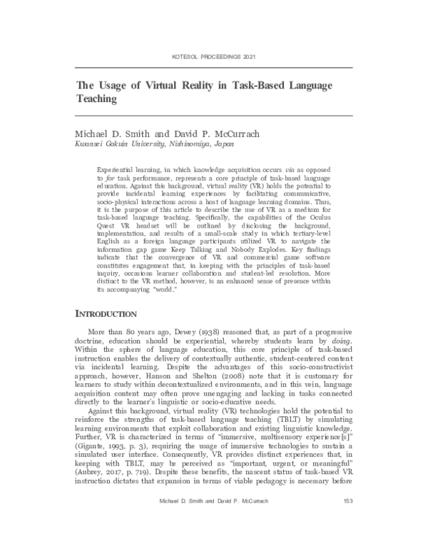 Pdf The Usage Of Virtual Reality In Task Based Language Teaching