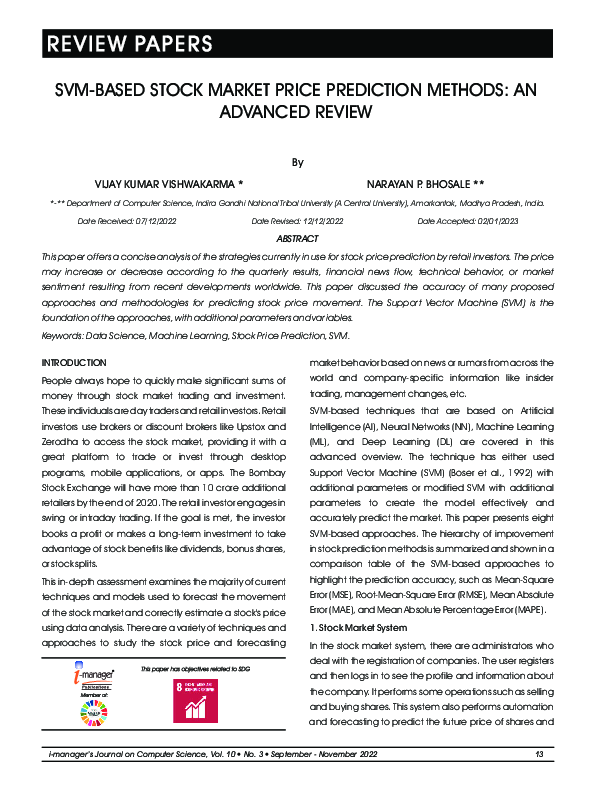(PDF) SVM-BASED STOCK MARKET PRICE PREDICTION METHODS: AN ADVANCED REVIEW