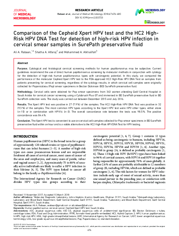 (PDF) Comparison of the Cepheid Xpert HPV test and the HC2 High-Risk ...