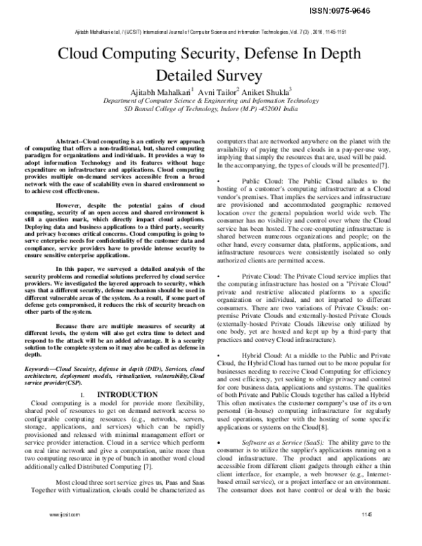 Pdf Cloud Computing Security Defense In Depth Detailed Survey