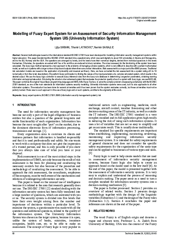 (PDF) Modelling of Fuzzy Expert System for an Assessment of Security Information Management ...