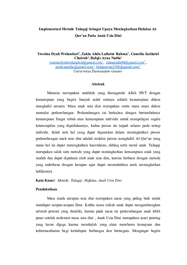 (DOC) Implementasi Metode Talaqqi Sebagai Upaya Meningkatkan Hafalan Al-Qur'an Pada Anak Usia Dini