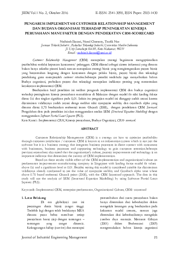 (PDF) Pengaruh Implementasi Customer Relationship Management Dan Budaya Organisasi Terhadap ...