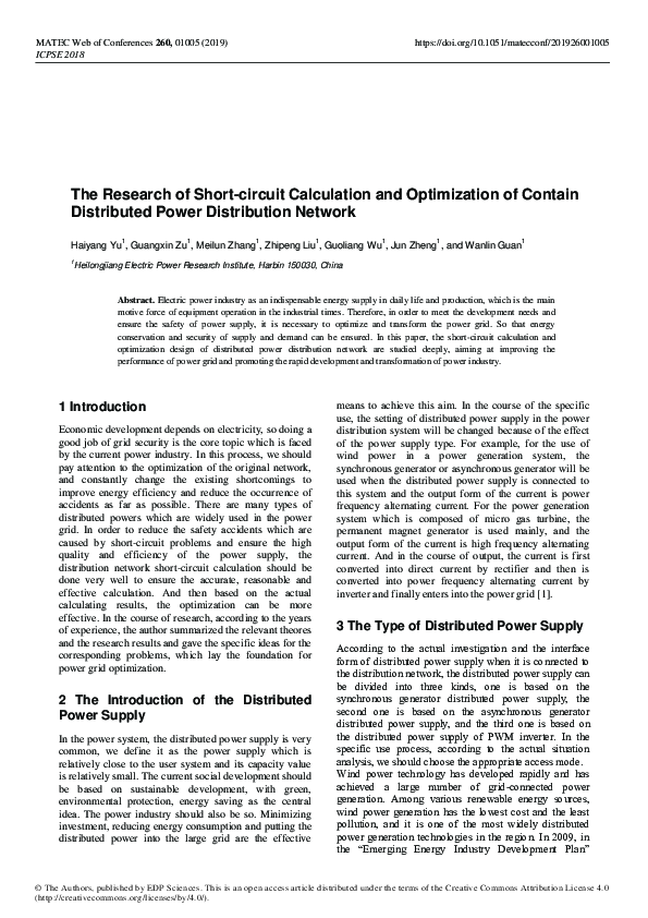 Pdf The Research Of Short Circuit Calculation And Optimization Of Contain Distributed Power