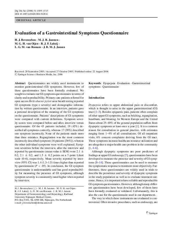 (PDF) Evaluation of a Gastrointestinal Symptoms Questionnaire